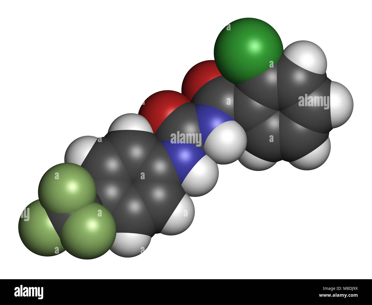 Triflumuron insecticide molecule. 3D rendering. Atoms are represented ...