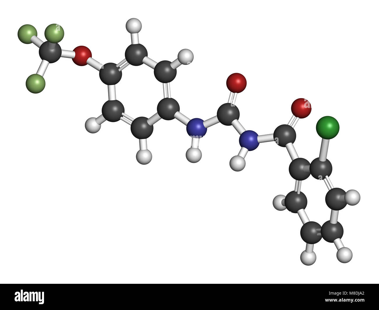Triflumuron insecticide molecule. 3D rendering. Atoms are represented ...