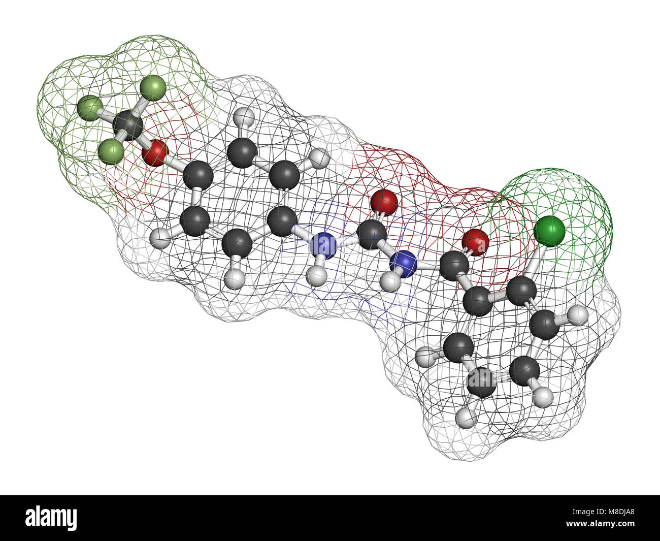 Triflumuron insecticide molecule. 3D rendering. Atoms are represented ...