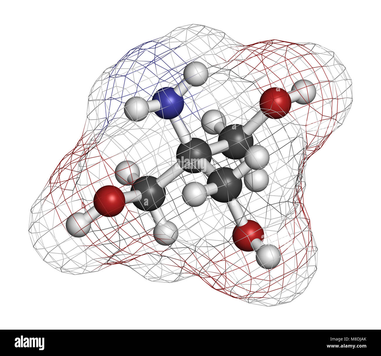 Tris buffering agent molecule. Also known as tromethamine. 3D rendering ...