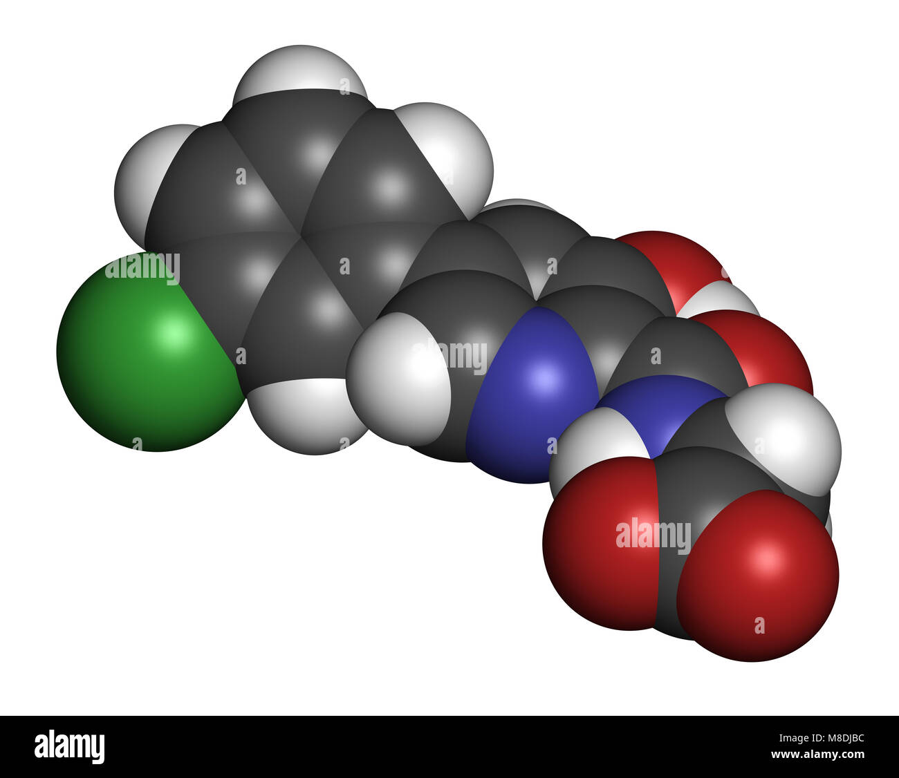 Vadadustat drug molecule. 3D rendering. Atoms are represented as ...