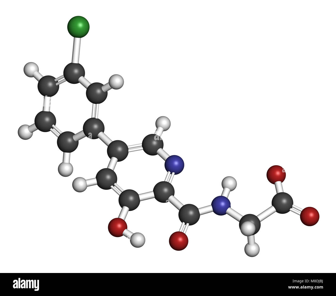 Vadadustat drug molecule. 3D rendering. Atoms are represented as ...