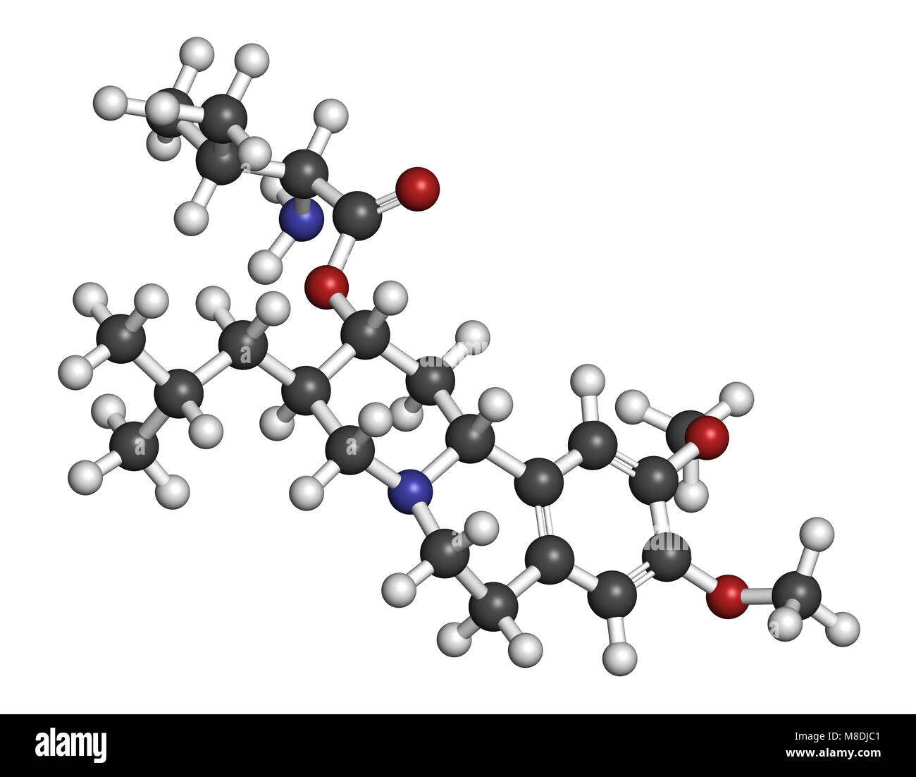 Valbenazine tardive dyskinesia drug molecule. 3D rendering. Atoms are ...