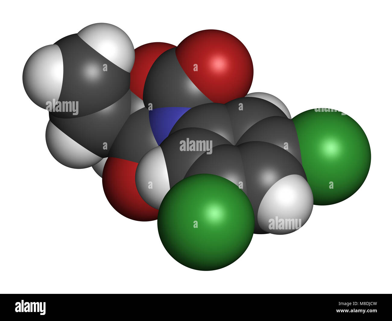 Vinclozolin fungicide molecule. 3D rendering. Atoms are represented as ...