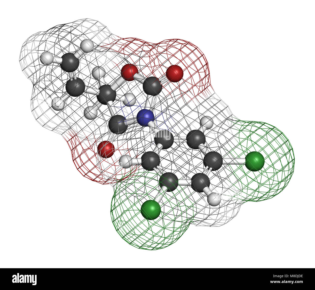 Vinclozolin fungicide molecule. 3D rendering. Atoms are represented as ...