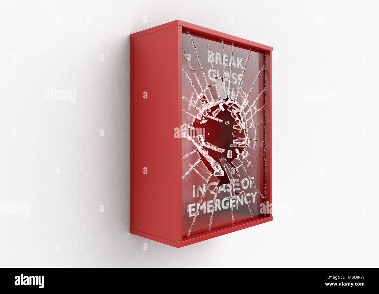 An empty red emergency box with a shattering in case of emergency ...