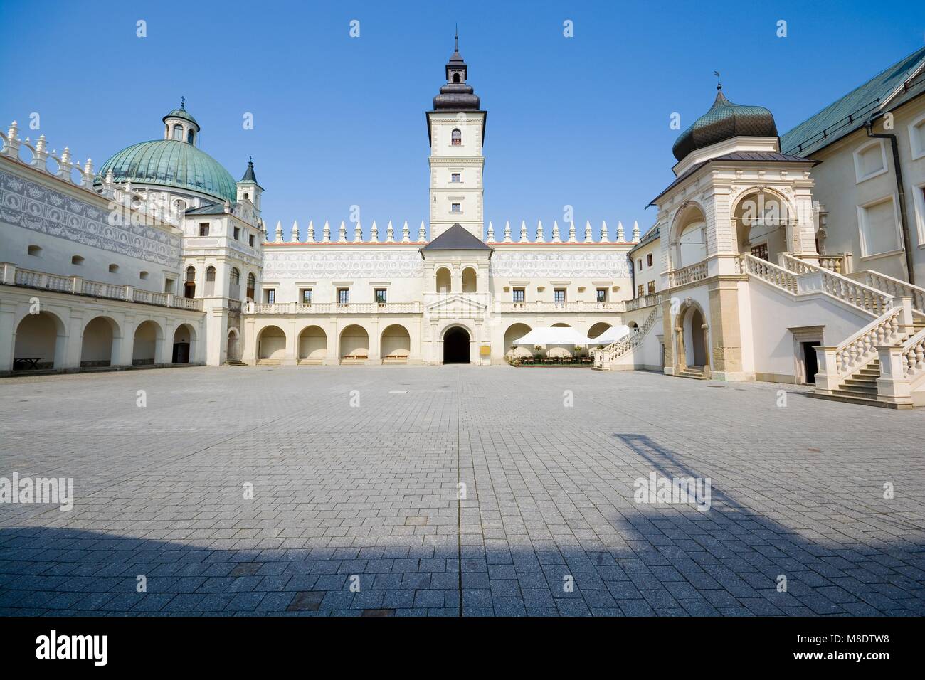 View of castle yard, walls with crenellation and towers, Krasiczyn ...