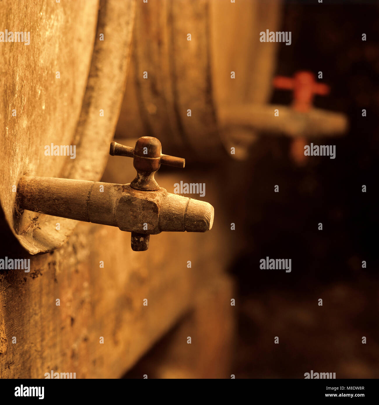 Old Wine Barrel with wine aging in a winery vineyard cellar in France ...