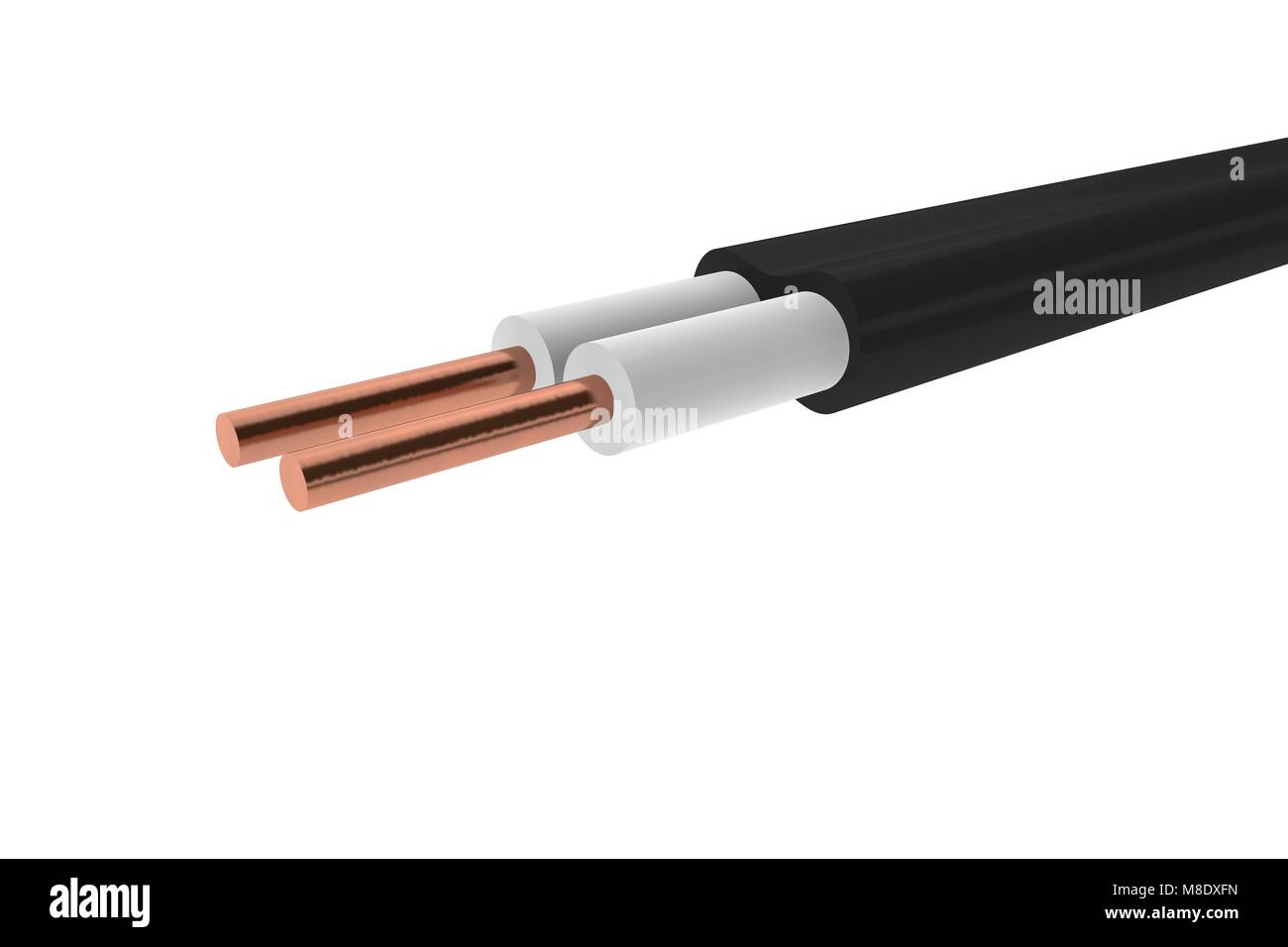 Model of a two-core copper cable in a rubber braid on a white isolated ...