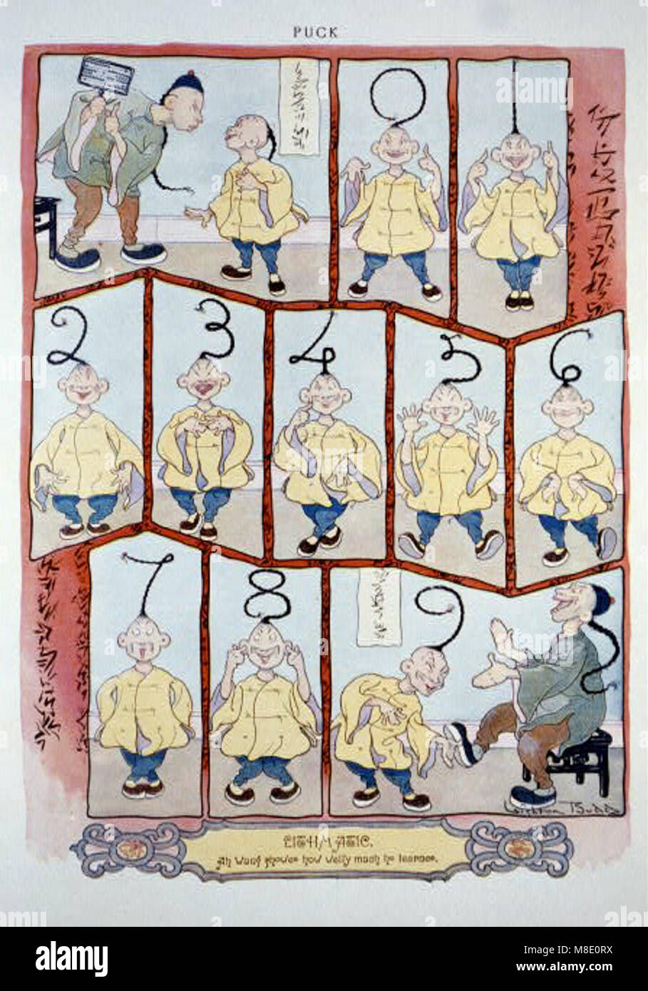 A photograph depicting a person named Ah Wang demonstrating the extent ...