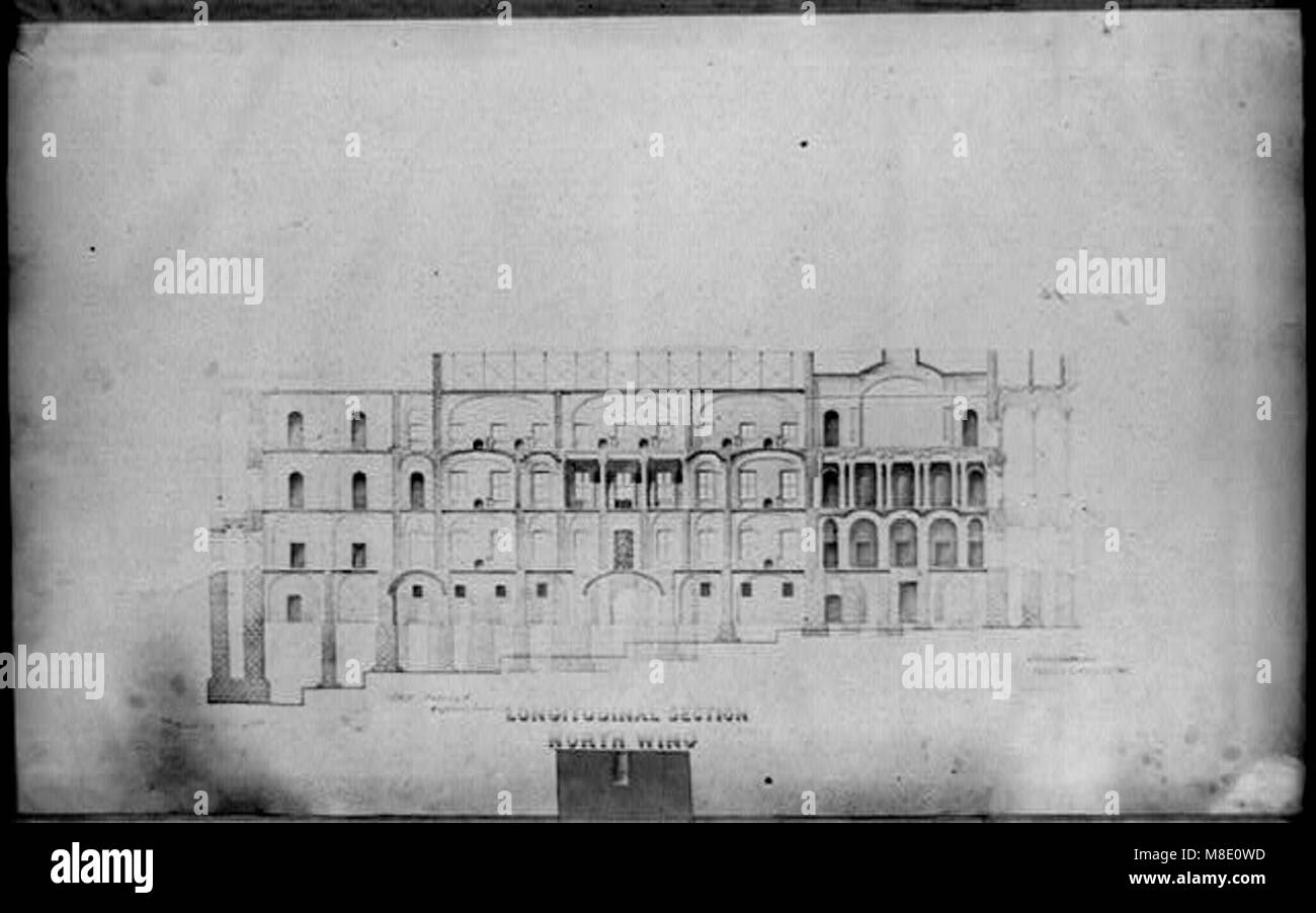 A longitudinal section drawing of the north wing of a building ...