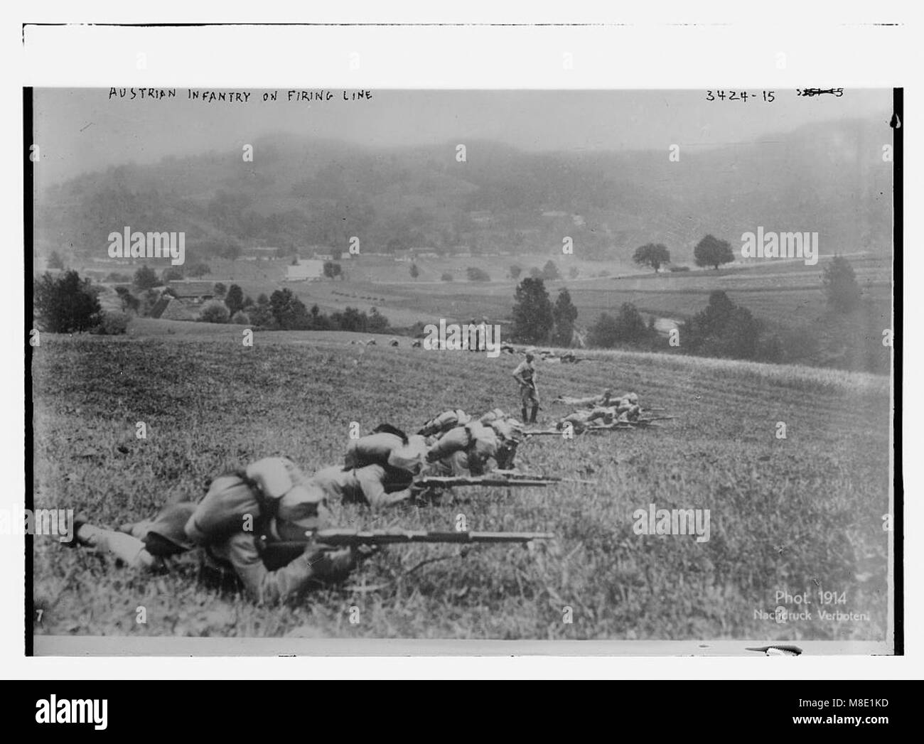 A historical image of Austrian infantry soldiers positioned on the ...