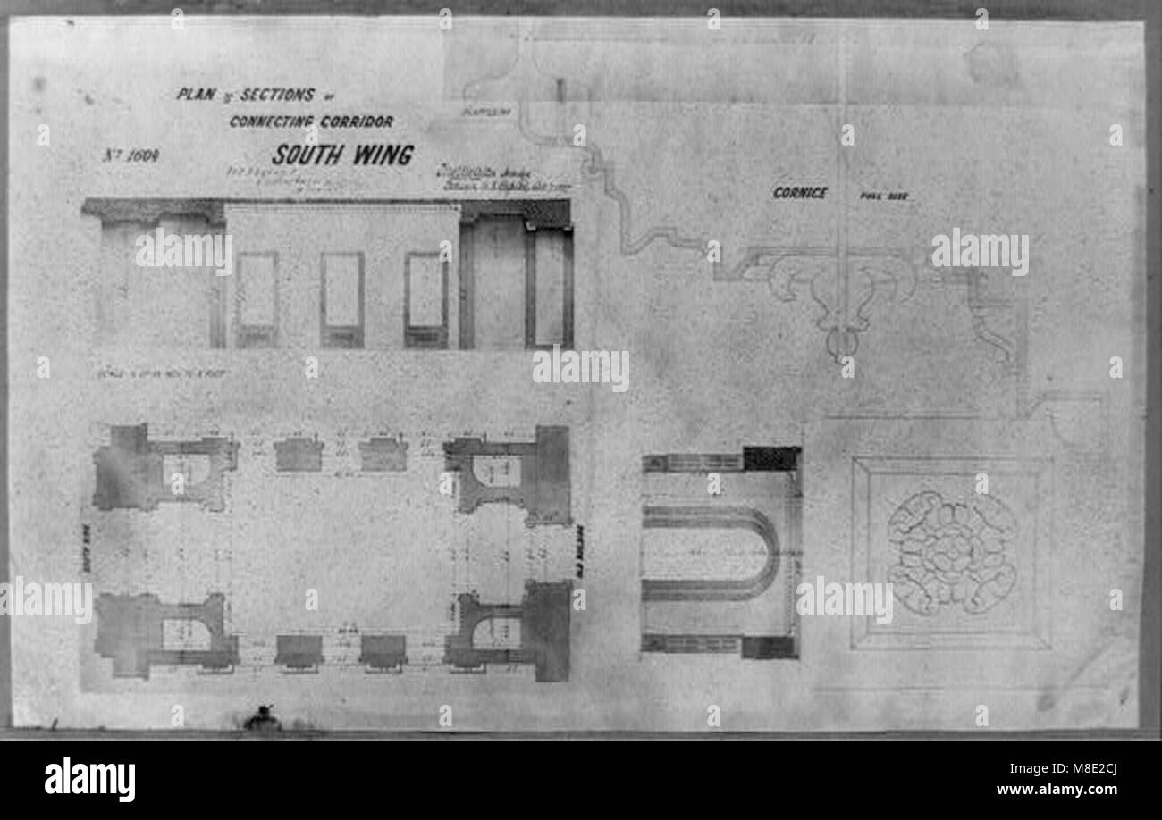 Architectural plan and sections showing the connecting corridor and ...