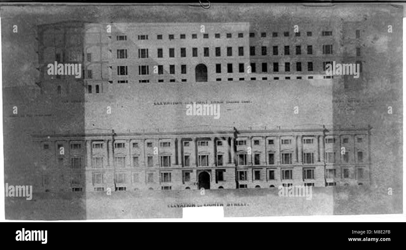 Post Office extension, elevation in courtyard facing East and elevation ...