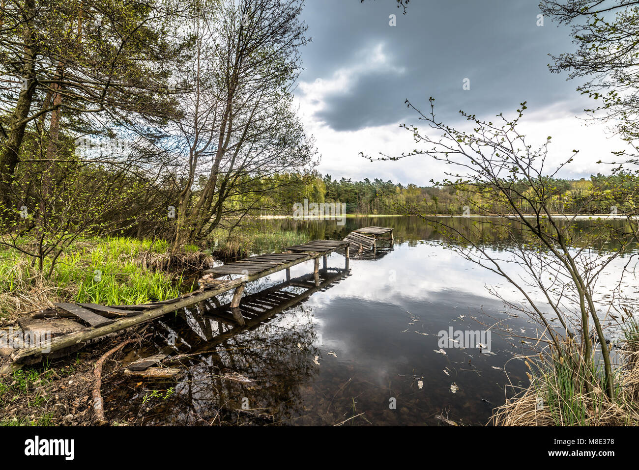 Spring lake landscape, wooden pier over lake Stock Photo - Alamy