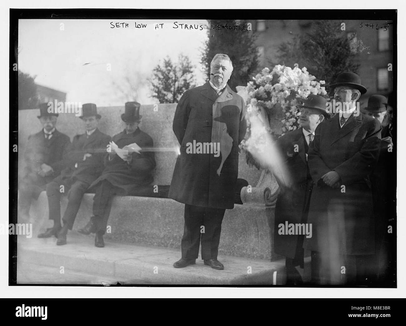 Seth Low stands at the Straus Memorial, commemorating his significant ...