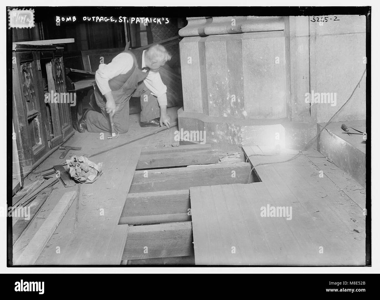 This photograph depicts the aftermath of a bomb outrage at St. Patrick ...