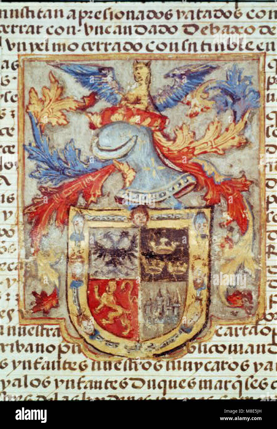 A drawing depicting the coat of arms granted to Hernando Cortés by ...