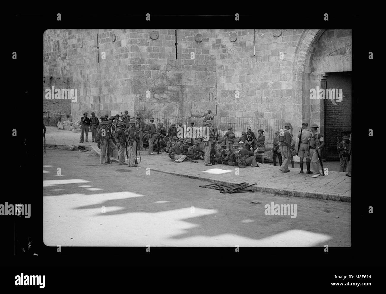 A historical scene at the Damascus Gate, showing troops assembled after ...