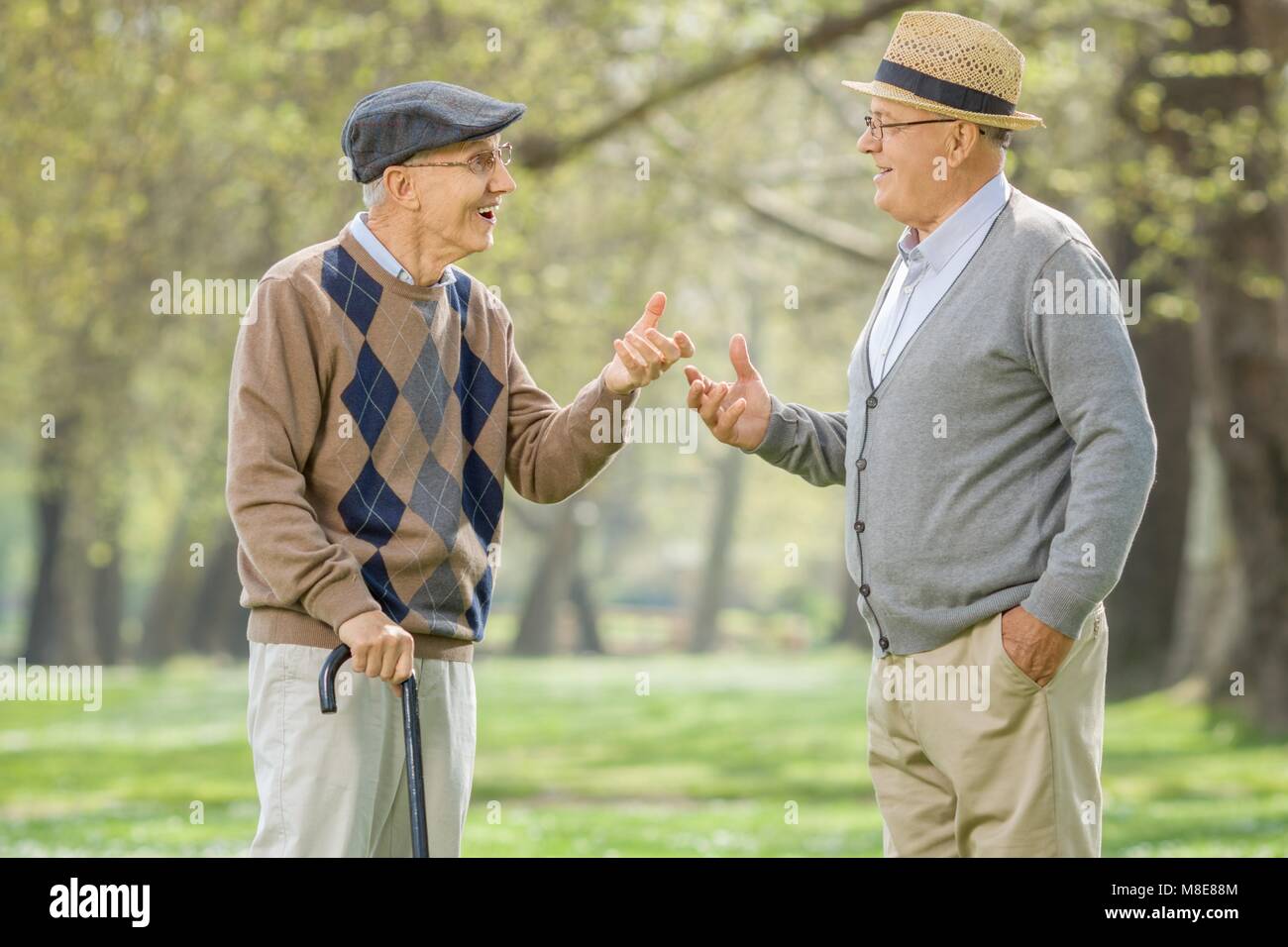 Two elderly men having a conversation outdoors Stock Photo - Alamy