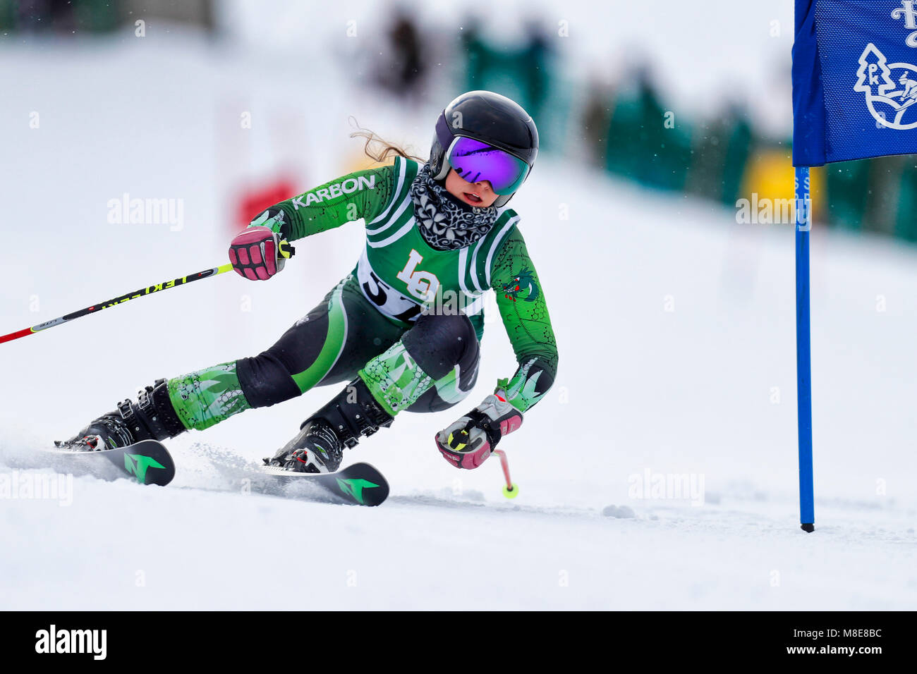 A skier approaching a gate on the giant slalom race course Stock Photo ...