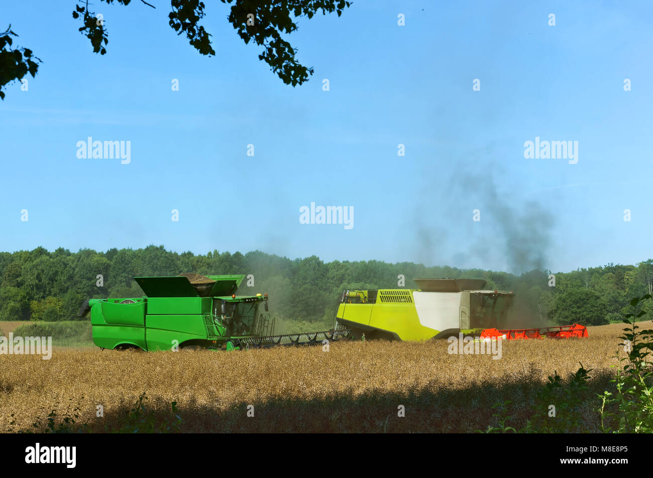two agricultural machines operate in the field, agricultural land, ain ...