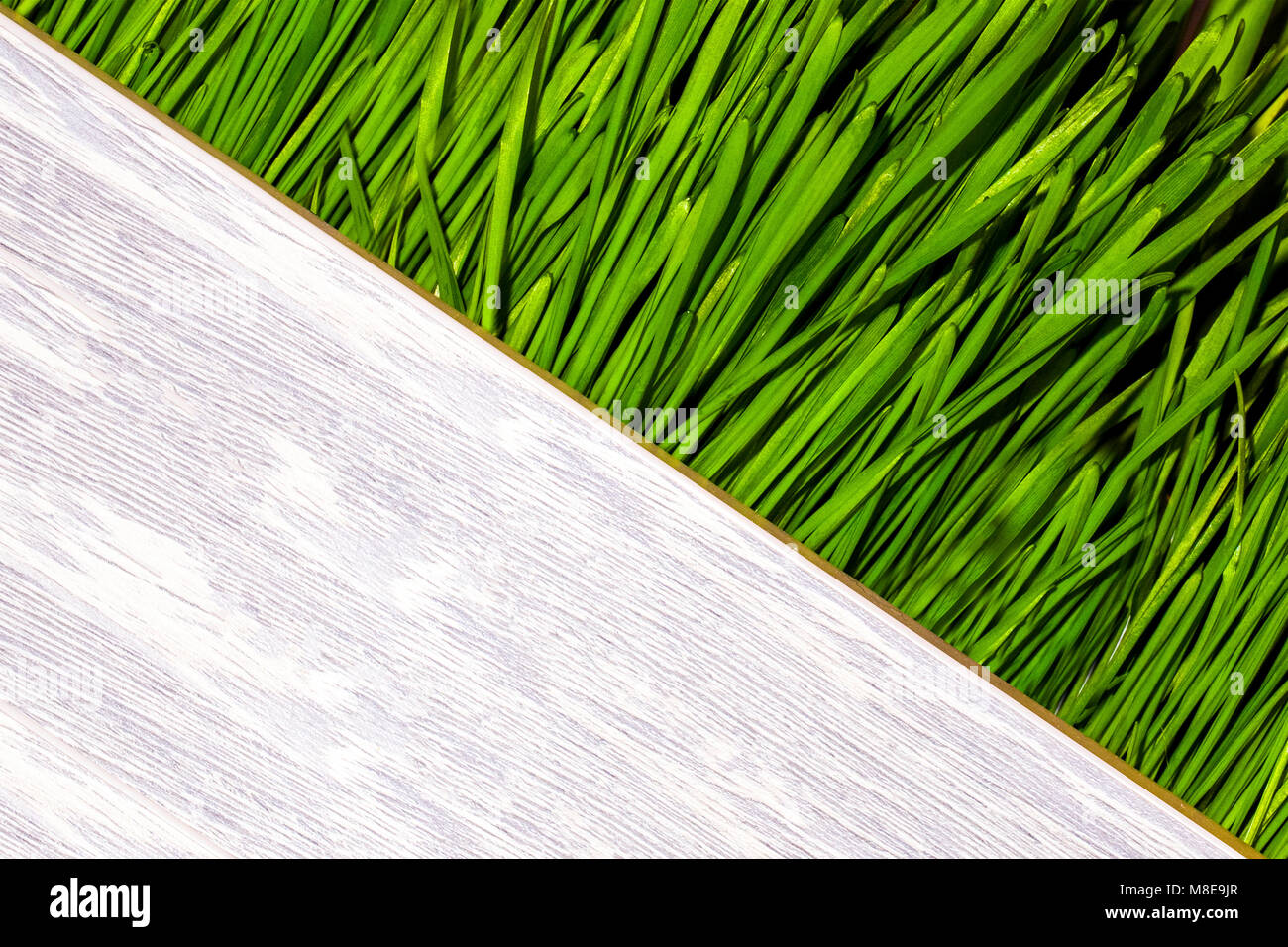 green grass with space for text on a light wooden part, background ...
