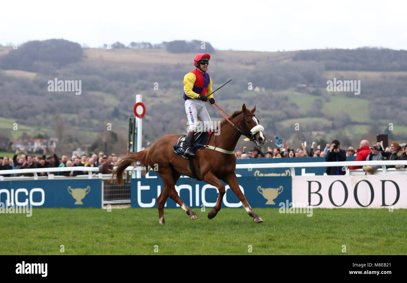 Jockey Richard Johnson on board Native River celebrates winning the ...