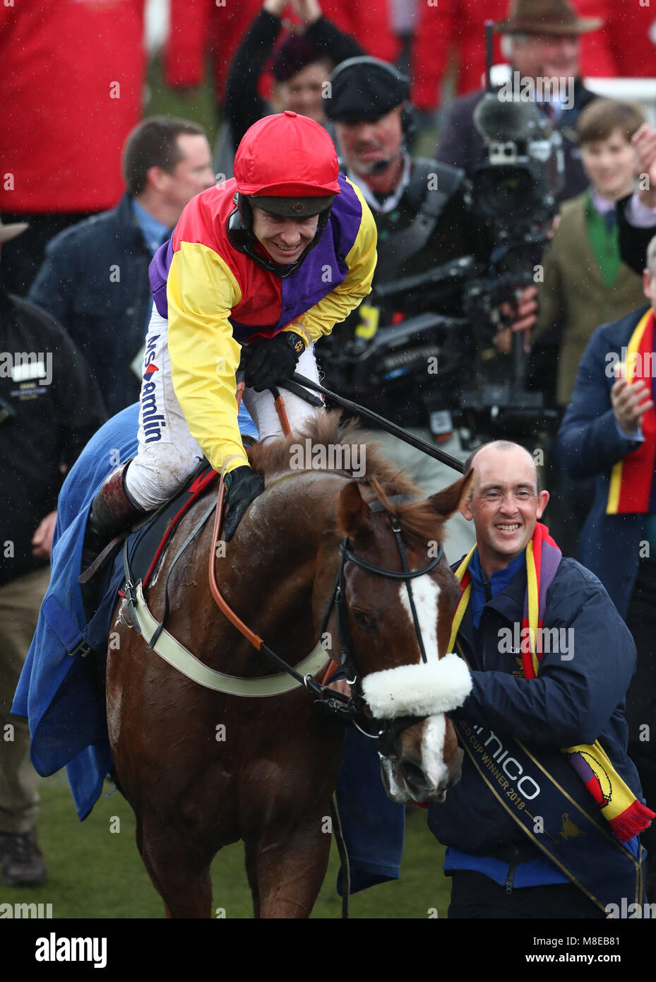 Jockey Richard Johnson on board Native River celebrates winning the ...