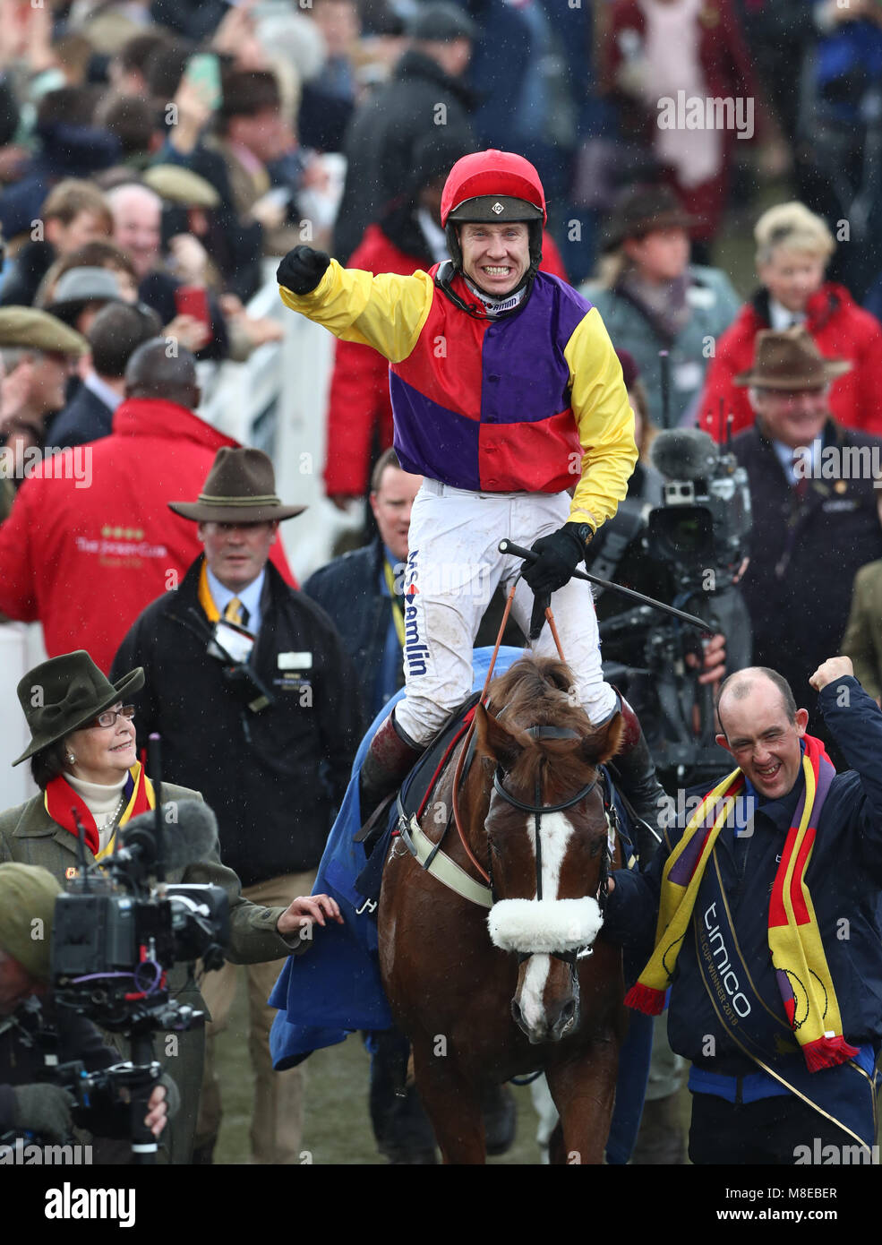 Jockey Richard Johnson on board Native River celebrates winning the ...