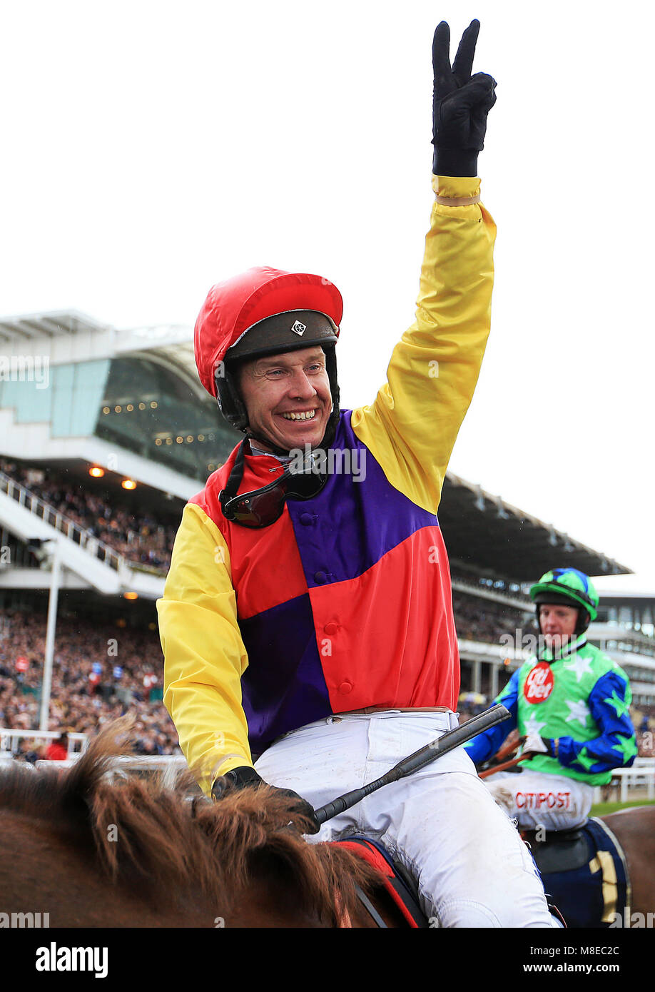 Richard Johnson on Native River celebrates winning the Timico ...