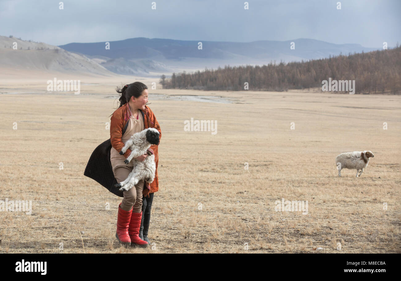 Hatgal, Mongolia, 3rd March 2018: mongolian kids in a steppe of ...