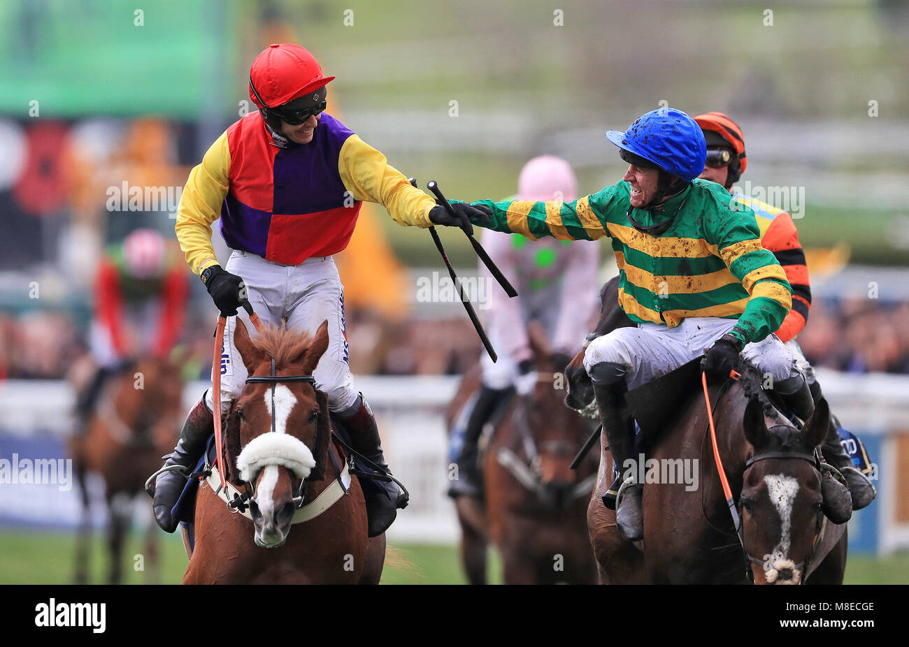 Richard Johnson on Native River (left) celebrates with fellow jockey ...