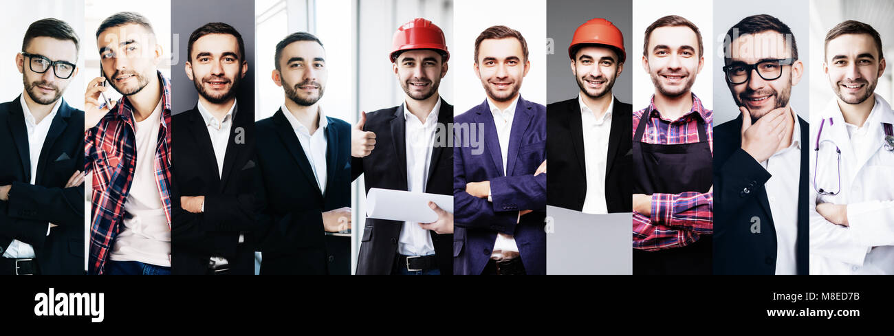 Collage of young caucasian man in different professions. Young man try ...