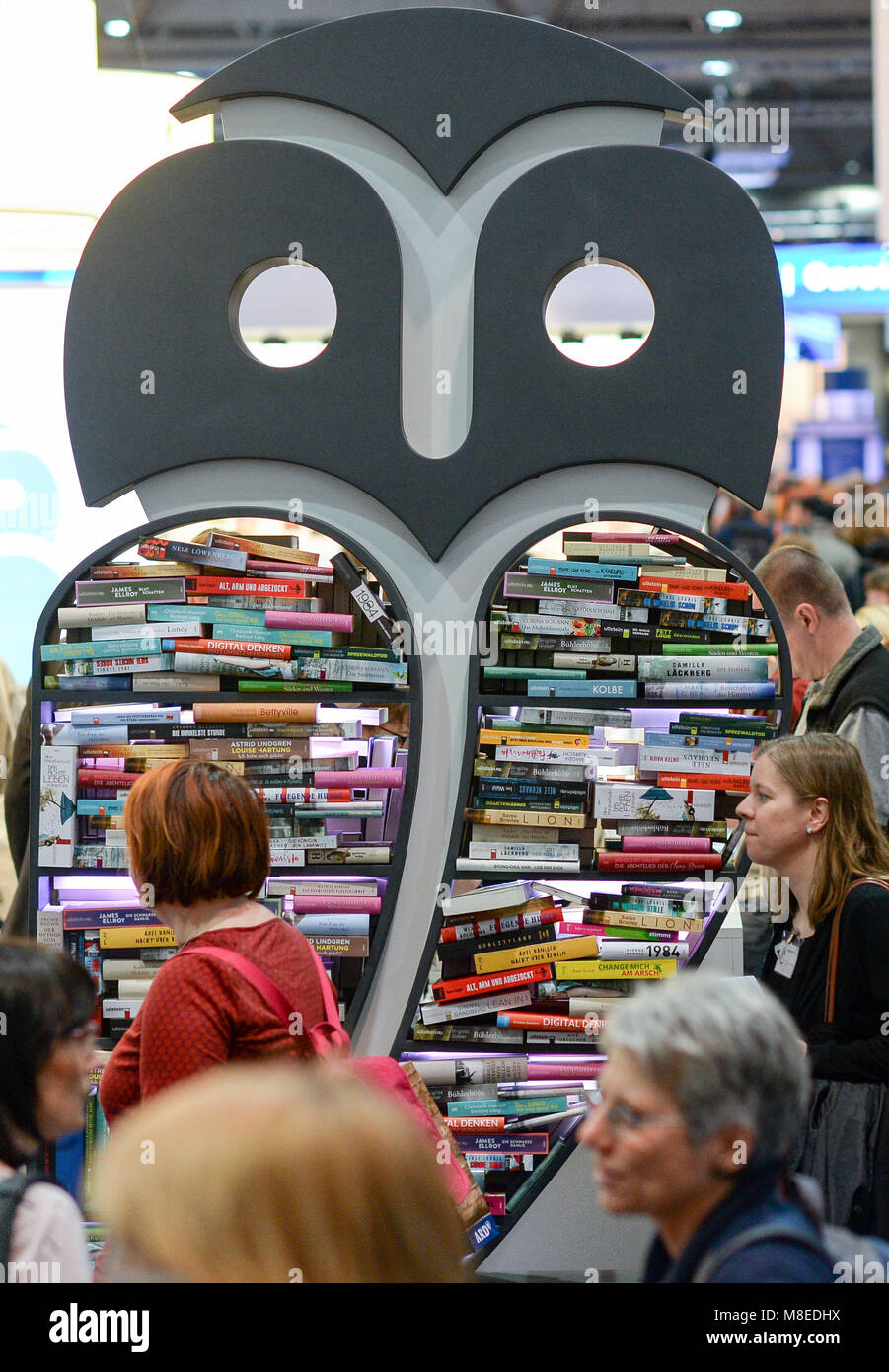 16 March 2018, Germany, Leipzig: A shelf with books is displayed at the ...