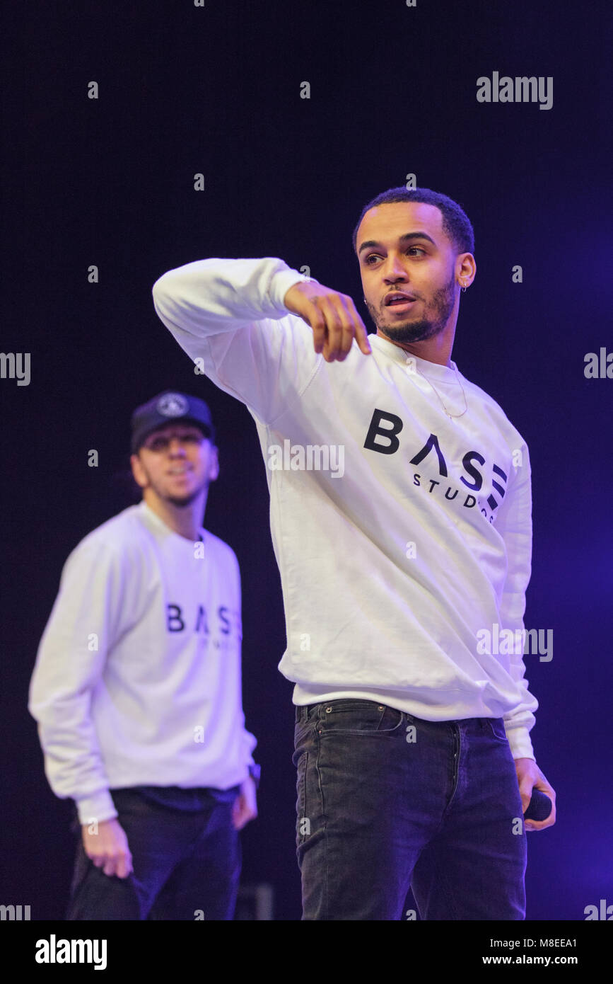 ExCel, London, 16th Mar 2018. Ex JLS singer Aston Merrygold and dancers ...