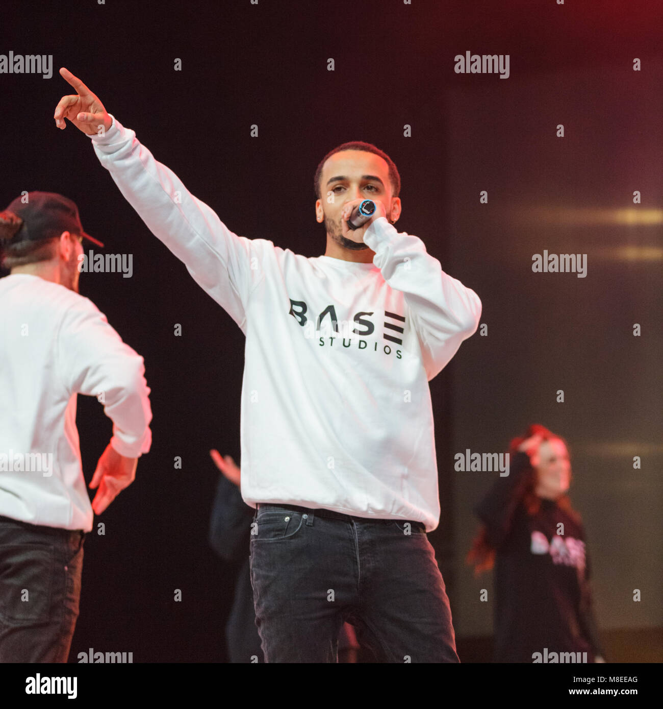 ExCel, London, 16th Mar 2018. Ex JLS singer Aston Merrygold and dancers ...