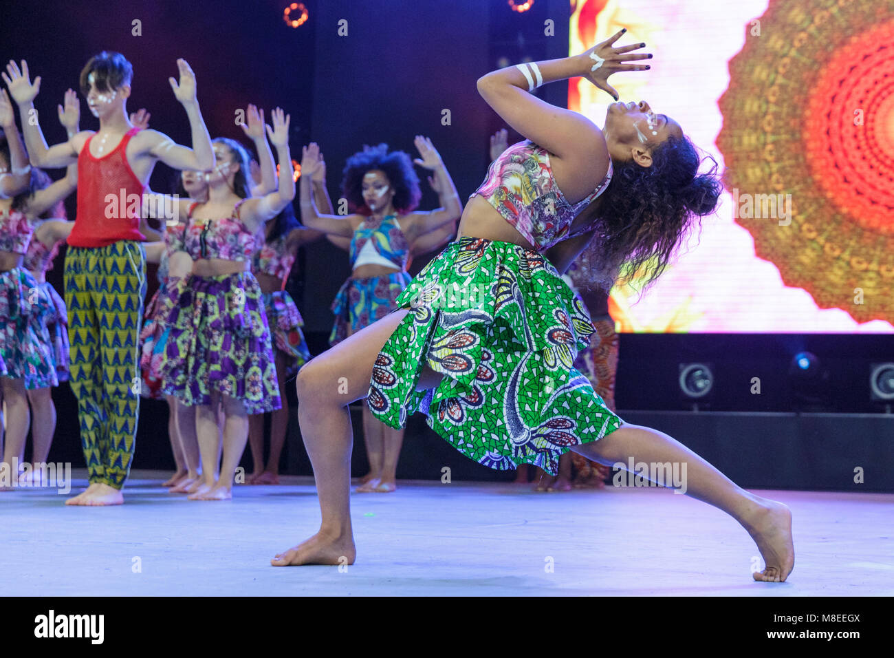 ExCel, London, 16th Mar 2018. Bird College take to the stage with their ...