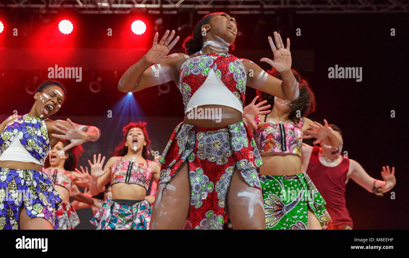 ExCel, London, 16th Mar 2018. Bird College take to the stage with their ...