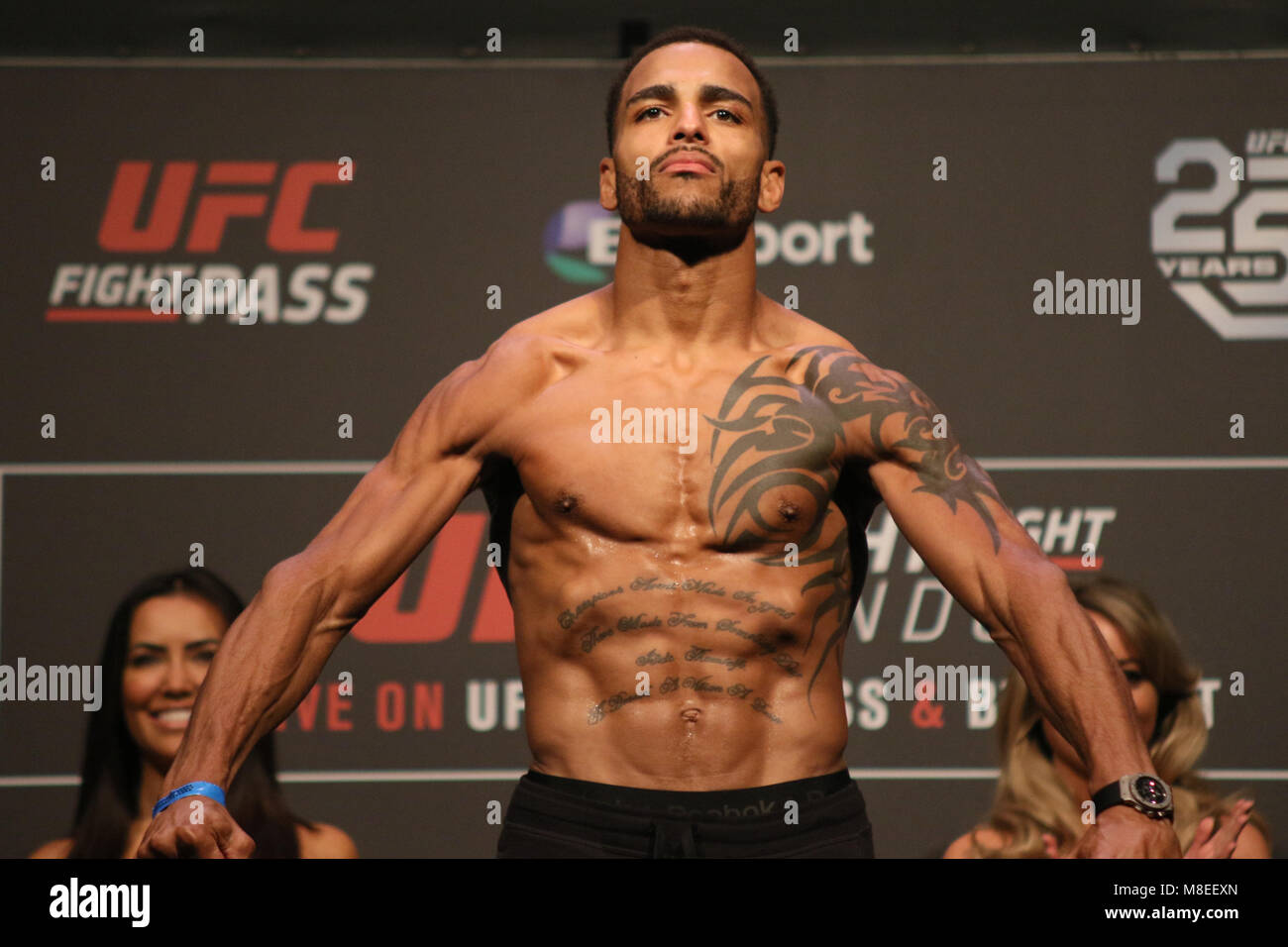 London, UK. 16th March, 2018. Danny Roberts (Red Corner) weighs in ...