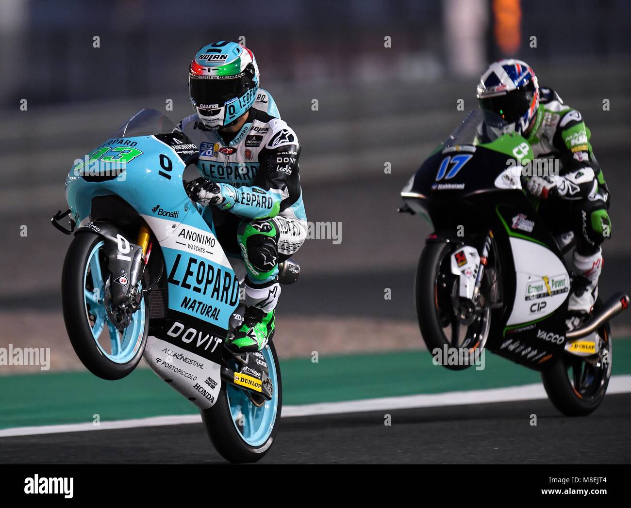 Doha, Qatar. 16th Mar, 2018. Italian Moto3 rider Enea Bastianini (L) of ...