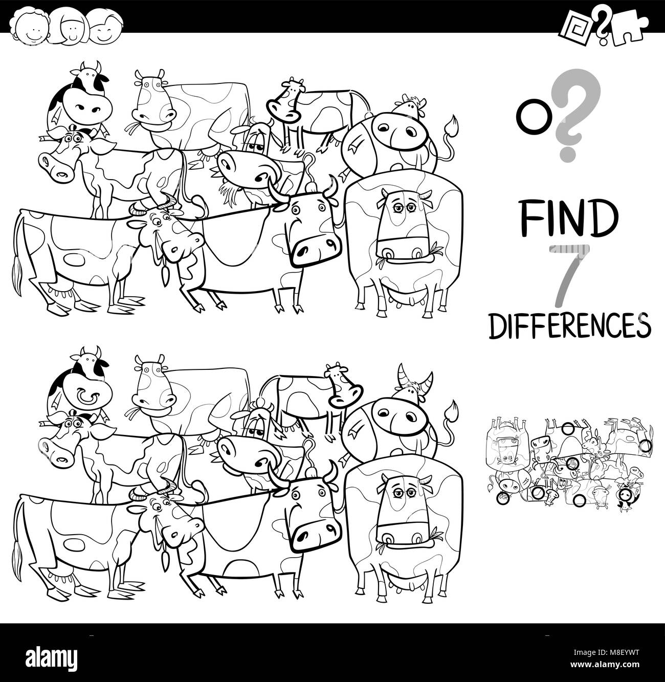 Black and White Cartoon Illustration of Finding Seven Differences ...