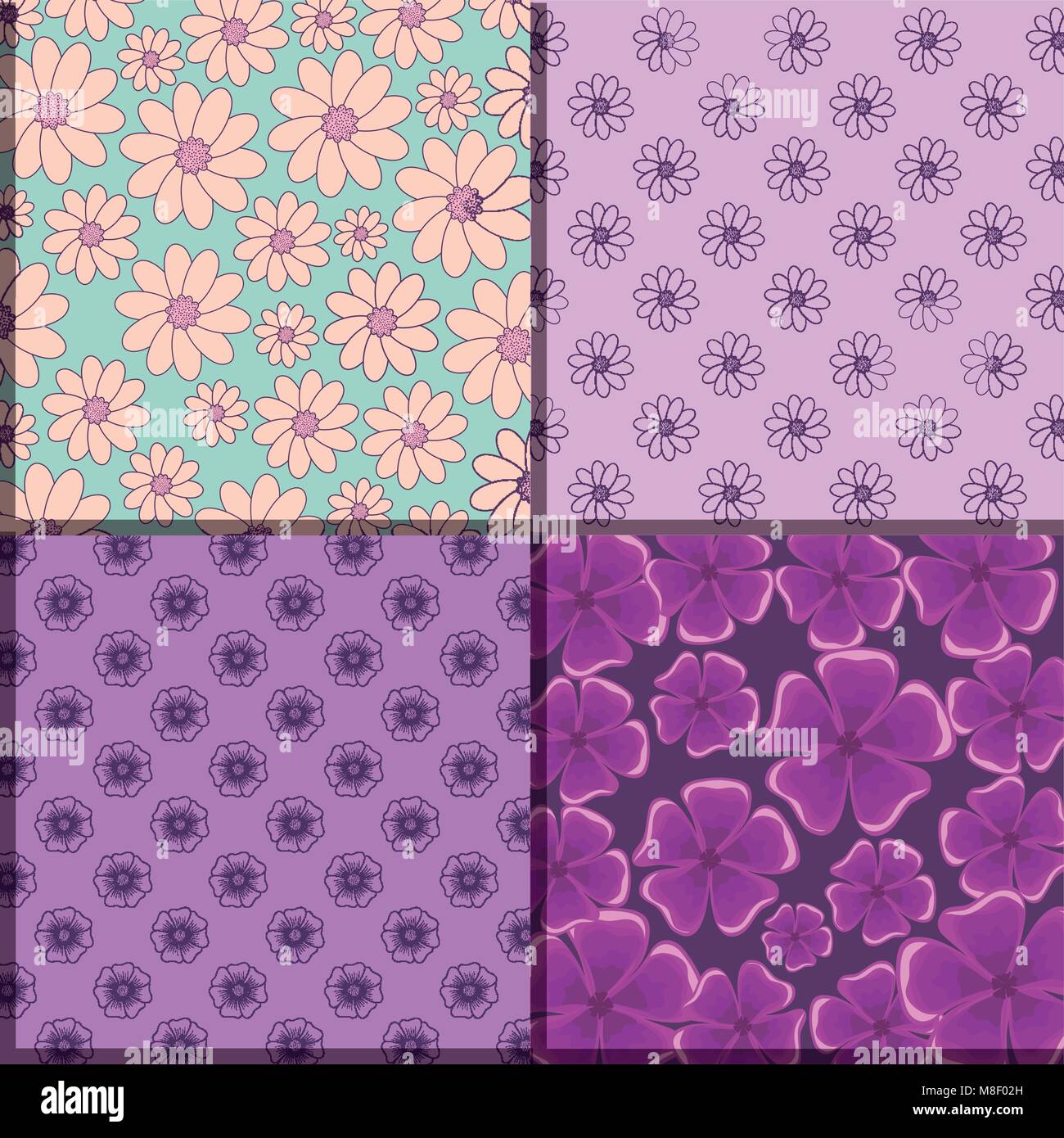 Design of squares of beautiful and tropical flowers patterns, colorful ...