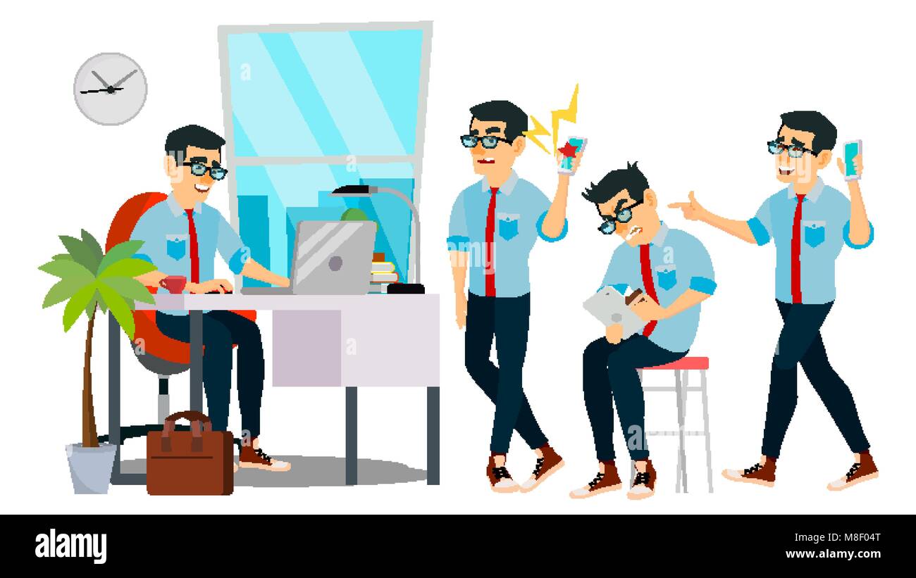 Business Man Character Vector. Working Asian Male. IT Startup Business ...