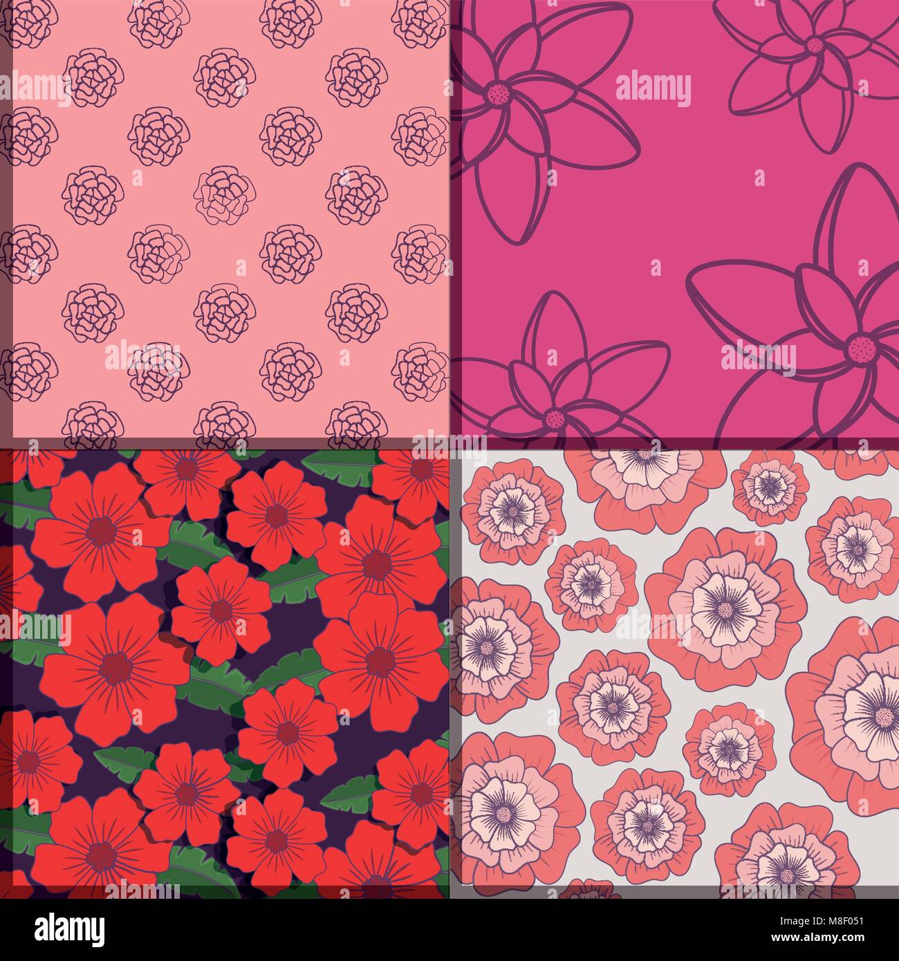 squares of Pattern of beautiful and tropical flowers, colorful design ...