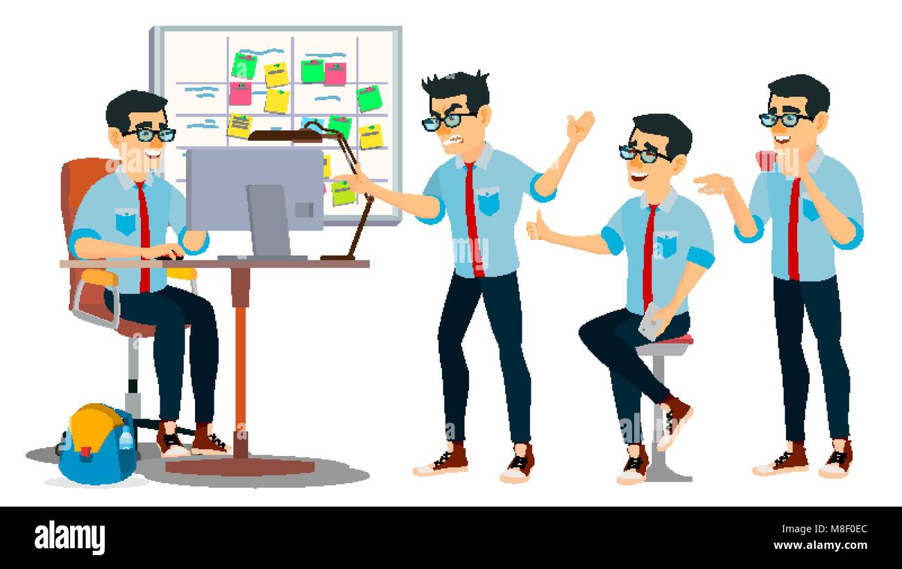 Business Man Character Vector. Working Asian, Man. Team Room. Asiatic ...