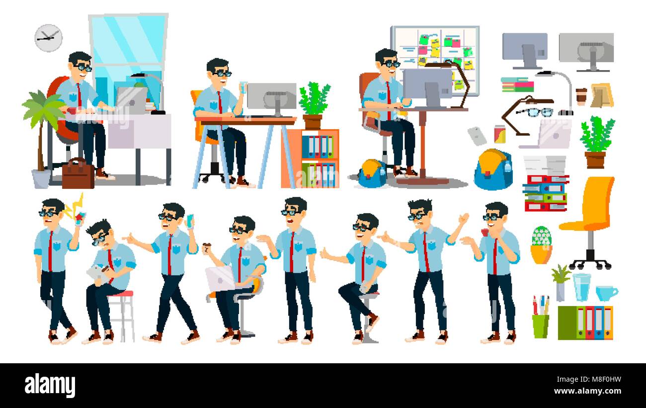 Business Man Character Vector. Working Asian People Set. Office ...