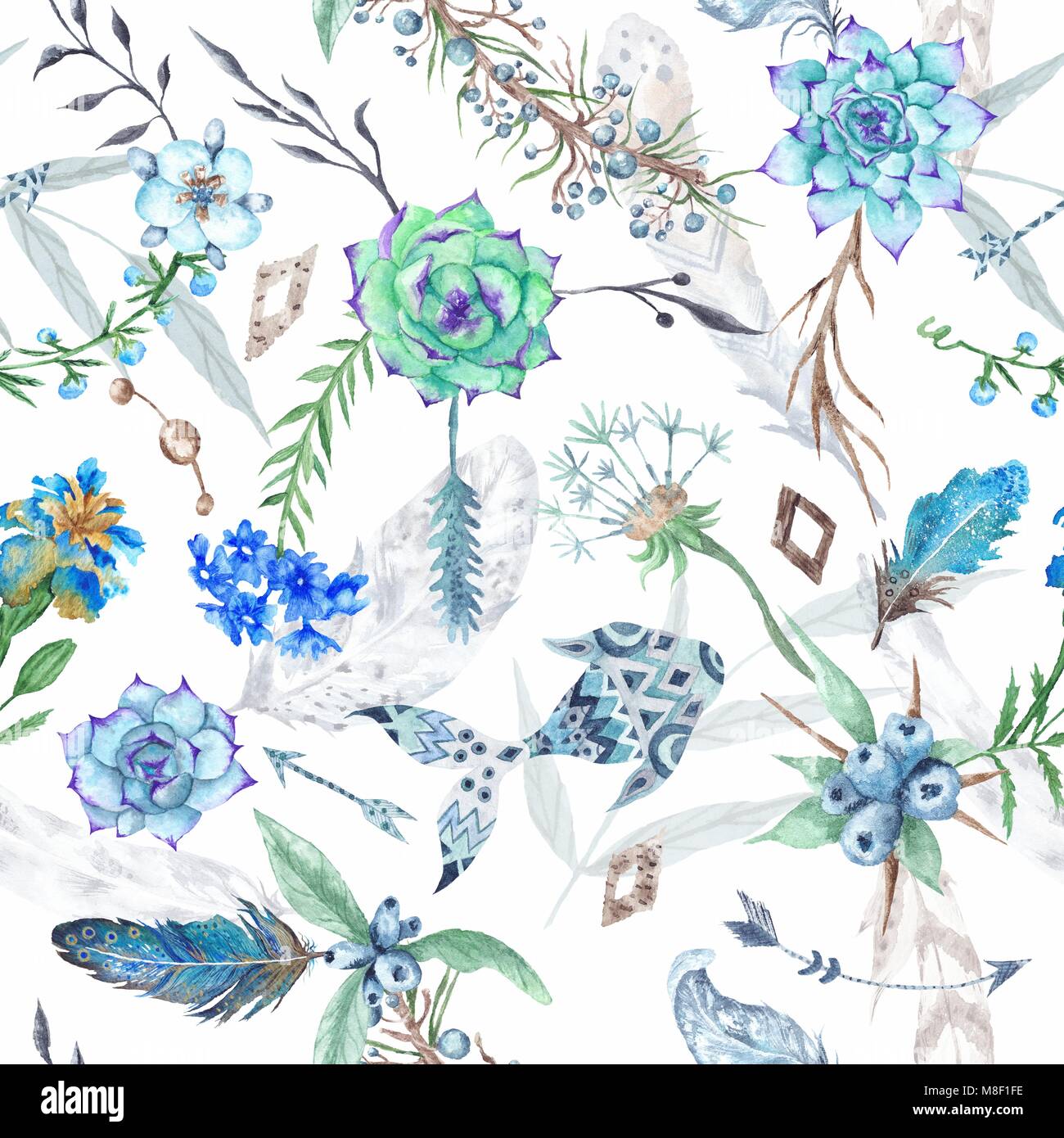 Seamless boho wild natural eco texture with herbs and flowers on white ...