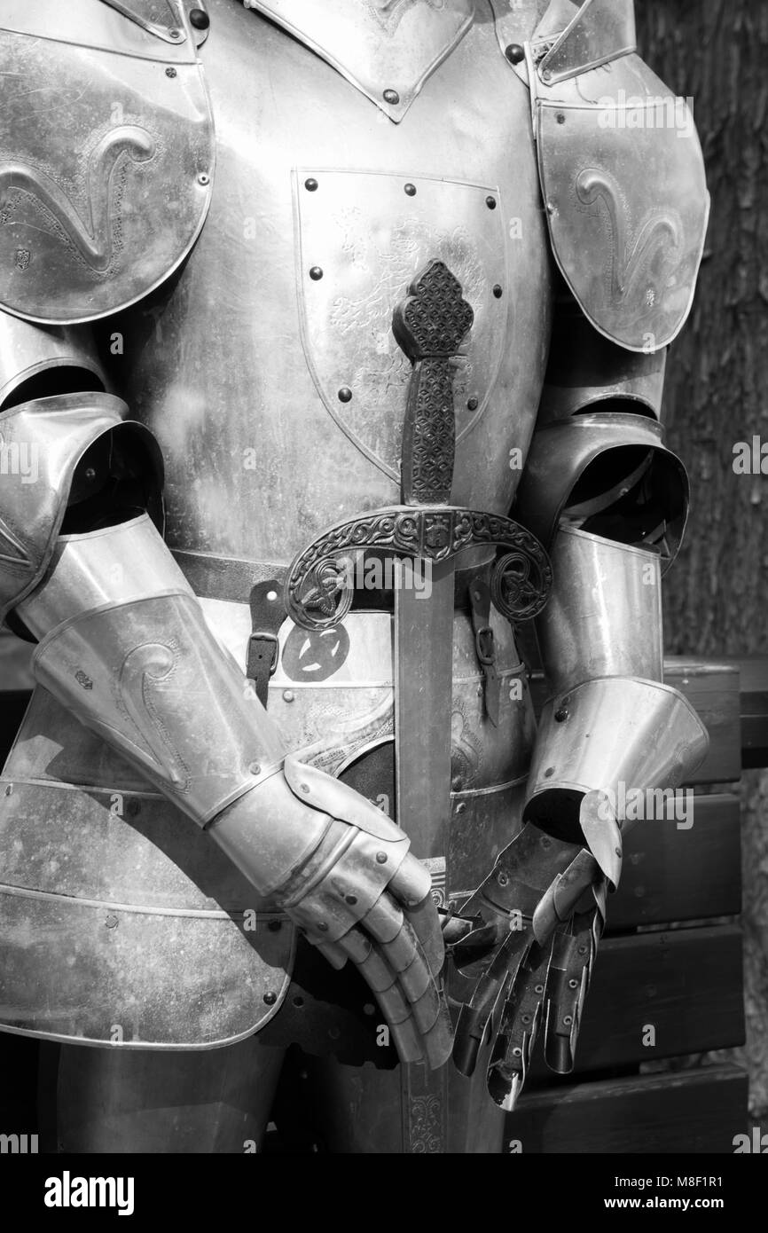 Medieval armor in front of the entrance to a castle Stock Photo - Alamy