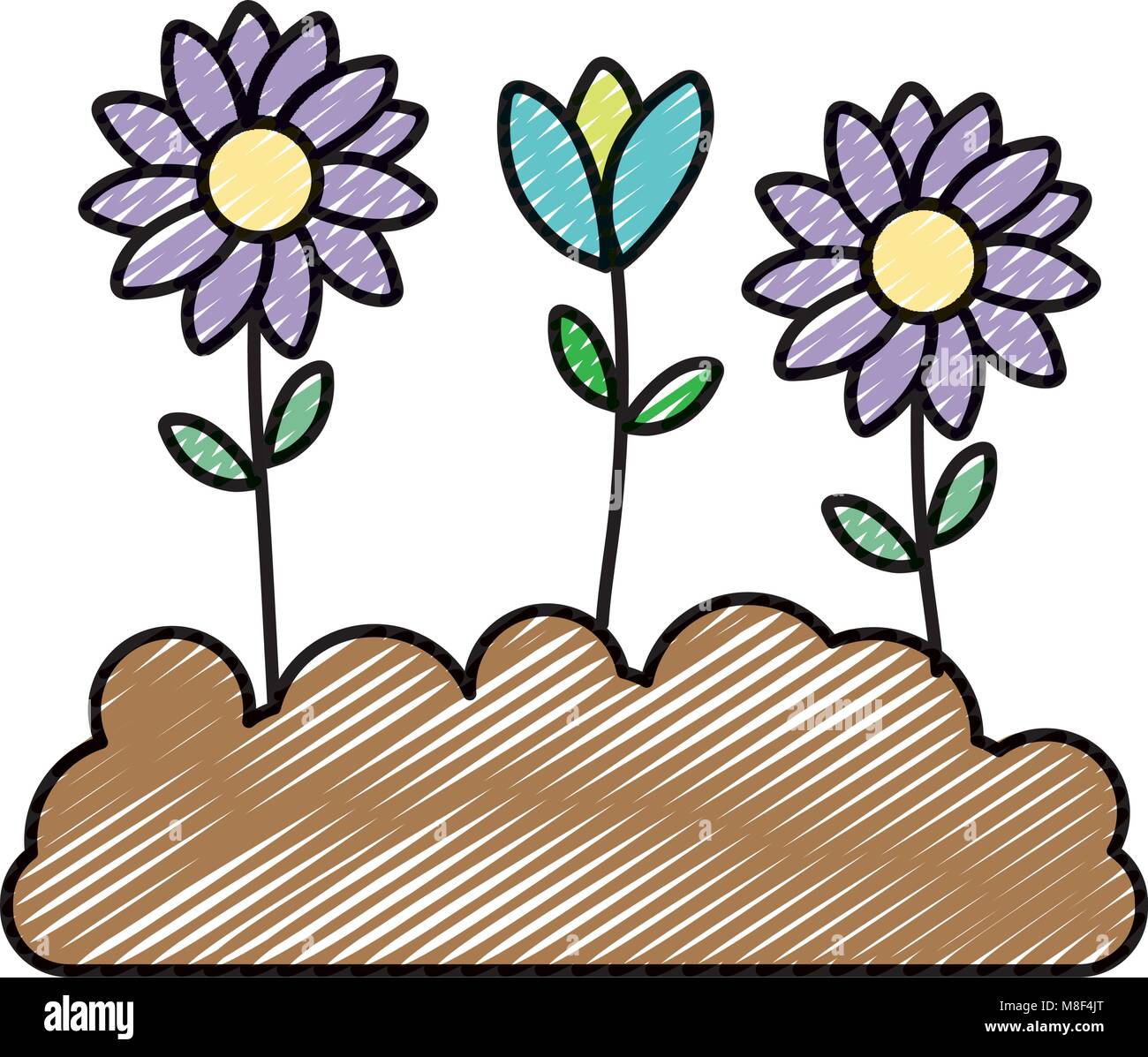 doodle beautiful flowers with petals and leaves inside ground Stock ...
